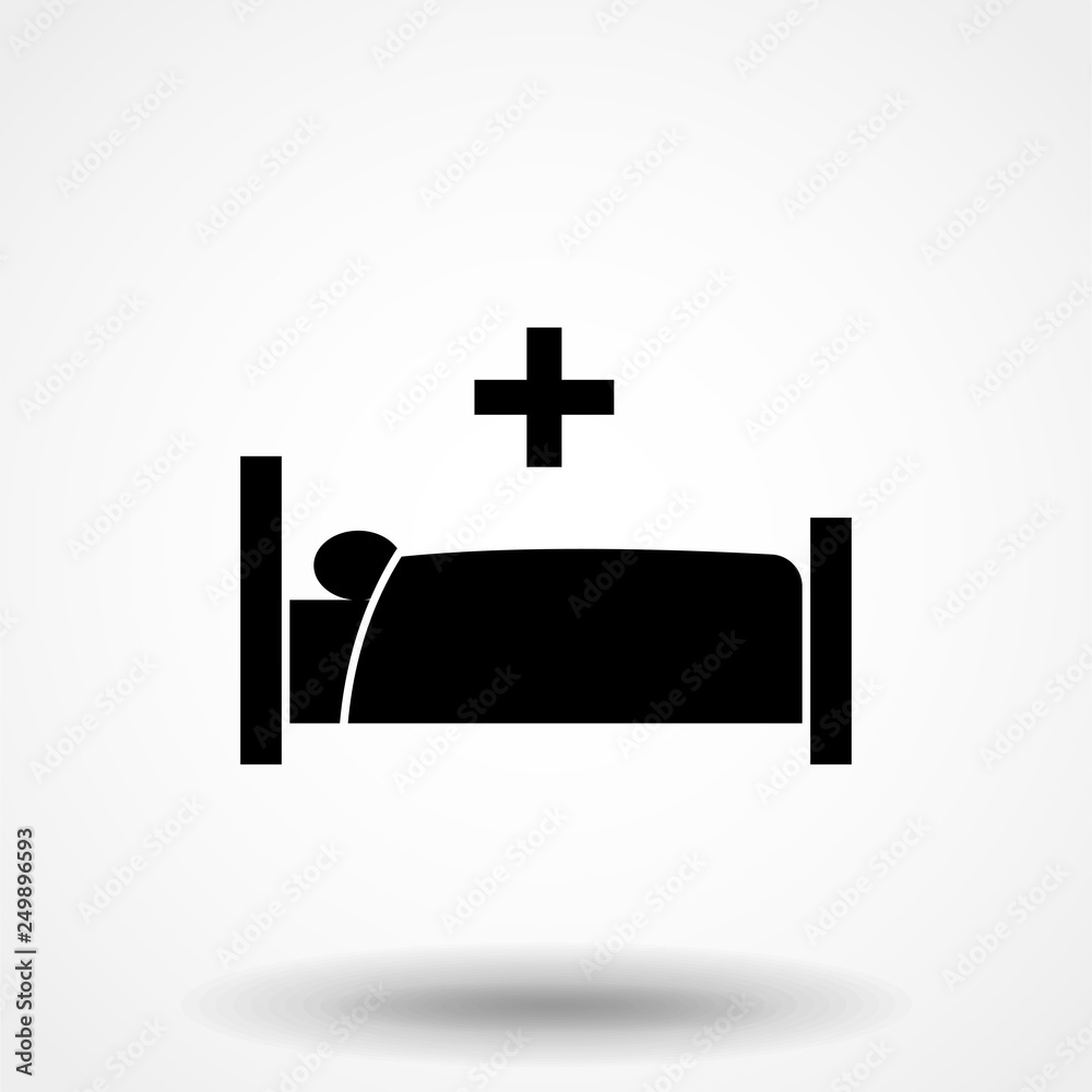 Hospital icon, black isolated icon with medical cross and person in bed ...