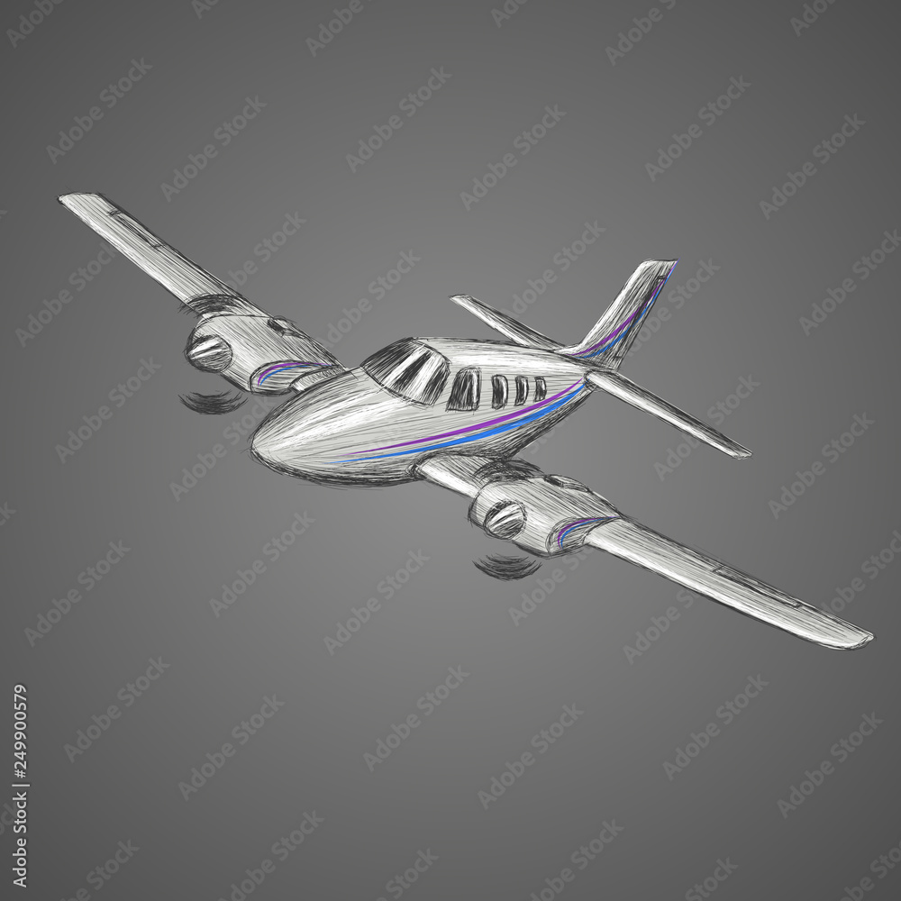 Small plane vector sketch. Hand drawn twin engine propelled aircraft ...