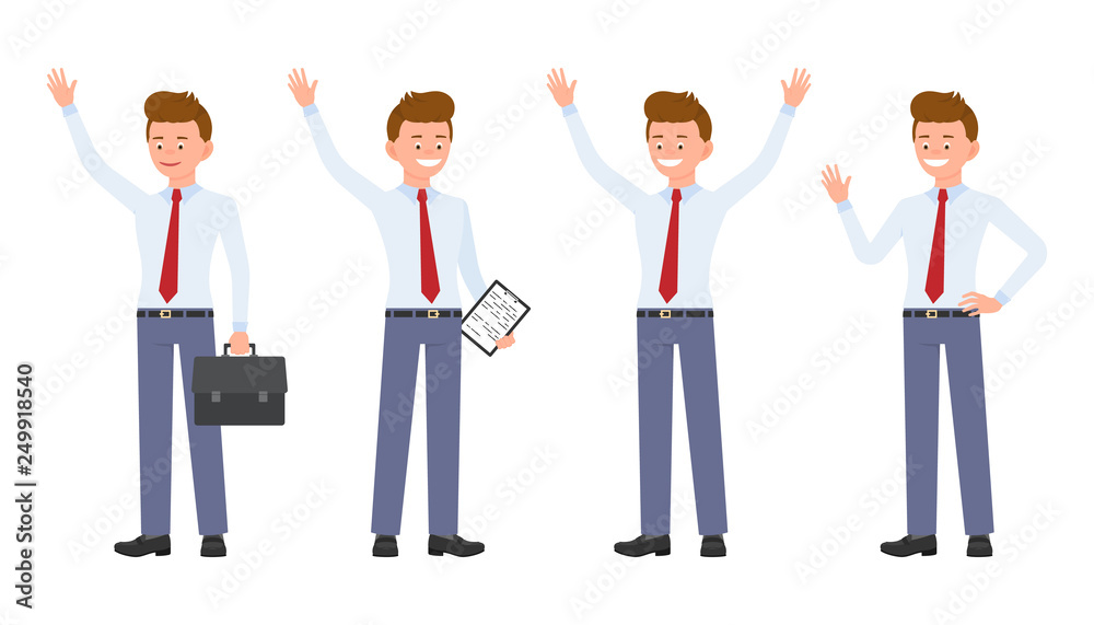 Young, handsome, happy office worker in formal wear waving, standing ...