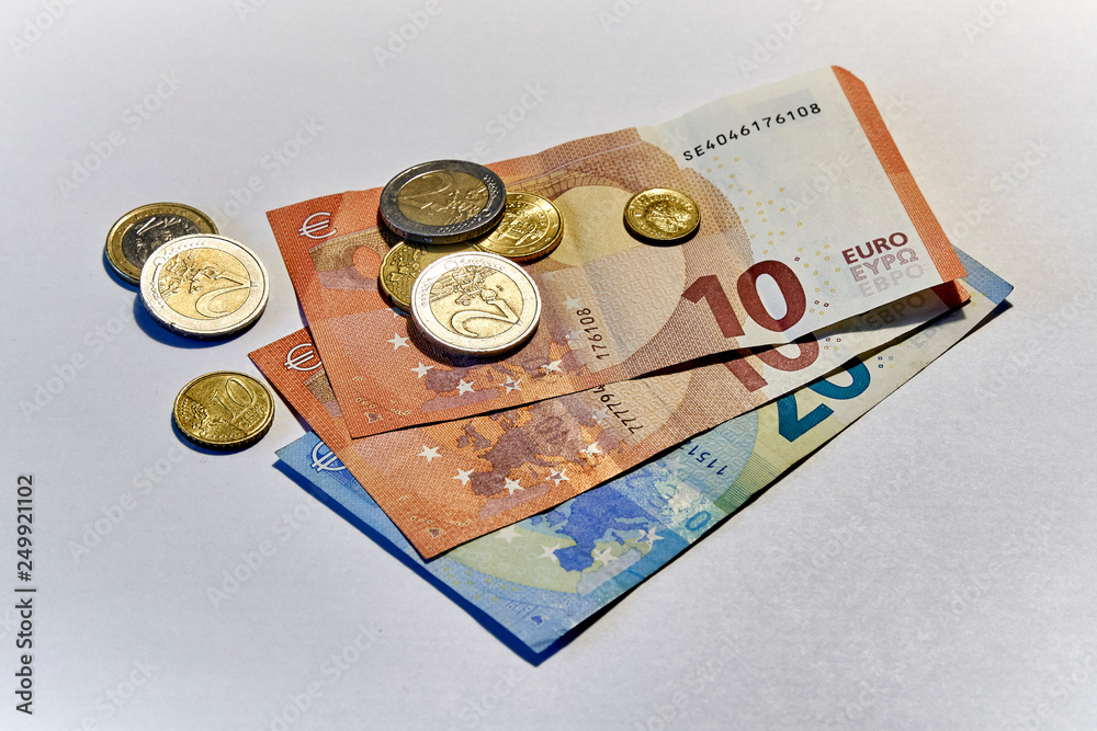 47 euros and 40 eurocents in cash on a white background: banknotes of ...