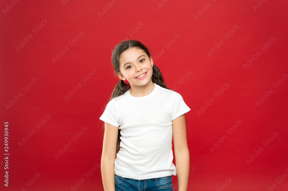 Kid happy cute face feels excited red background. Exciting moments ...