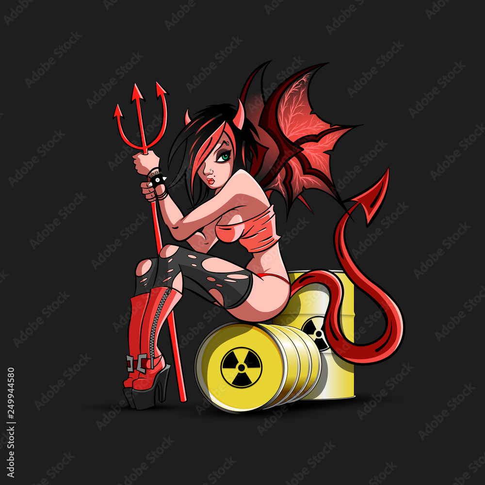 Sexy devil girl sitting on barrels of radiation Stock Vector | Adobe Stock