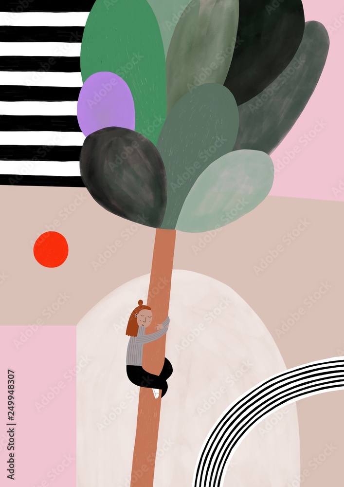 Cute women hugging a tree Stock Illustration | Adobe Stock