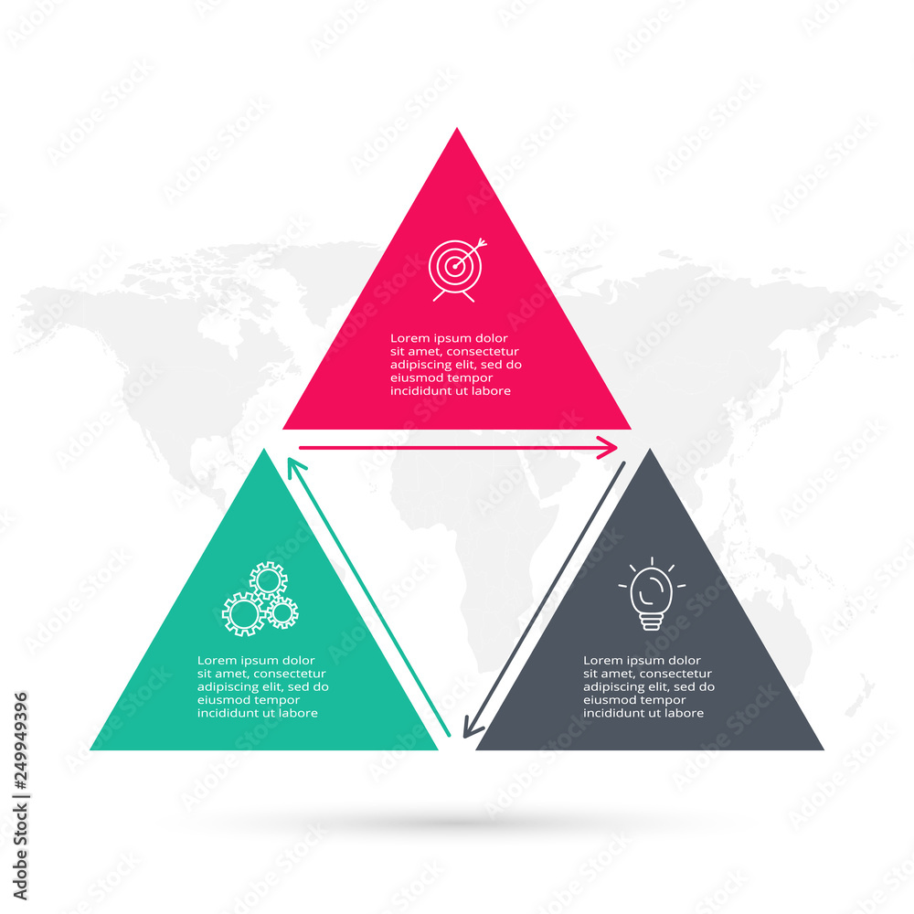 Triangular elements of graph, diagram with 3 steps, options, parts or ...
