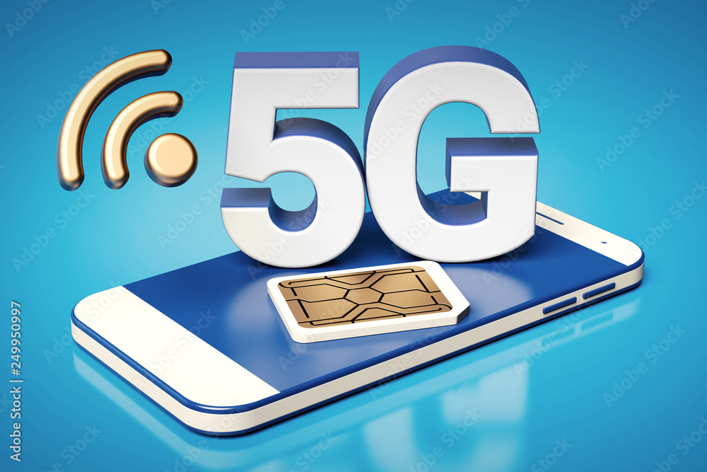 5G white letters standing on a simplified smartphone with sim card next ...