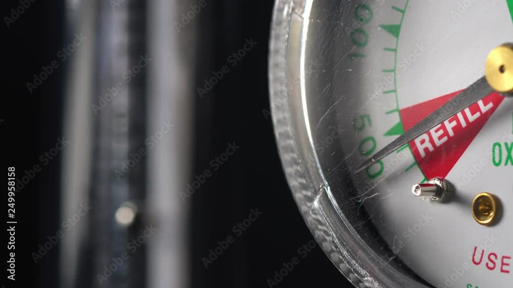 Close-up of medical oxygen flow meter shows low oxygen or an nearly ...