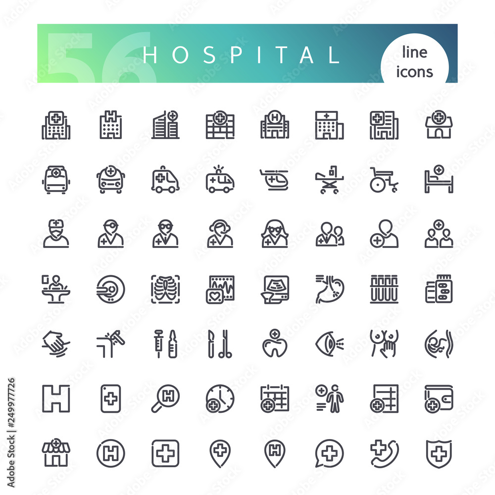 Set of 56 hospital, clinic builds, doctors and other medical line icons ...
