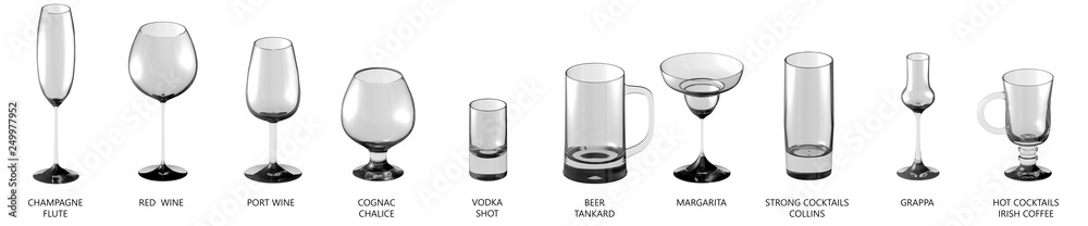3D illustration of big set of various glasses for cocktails and wine ...