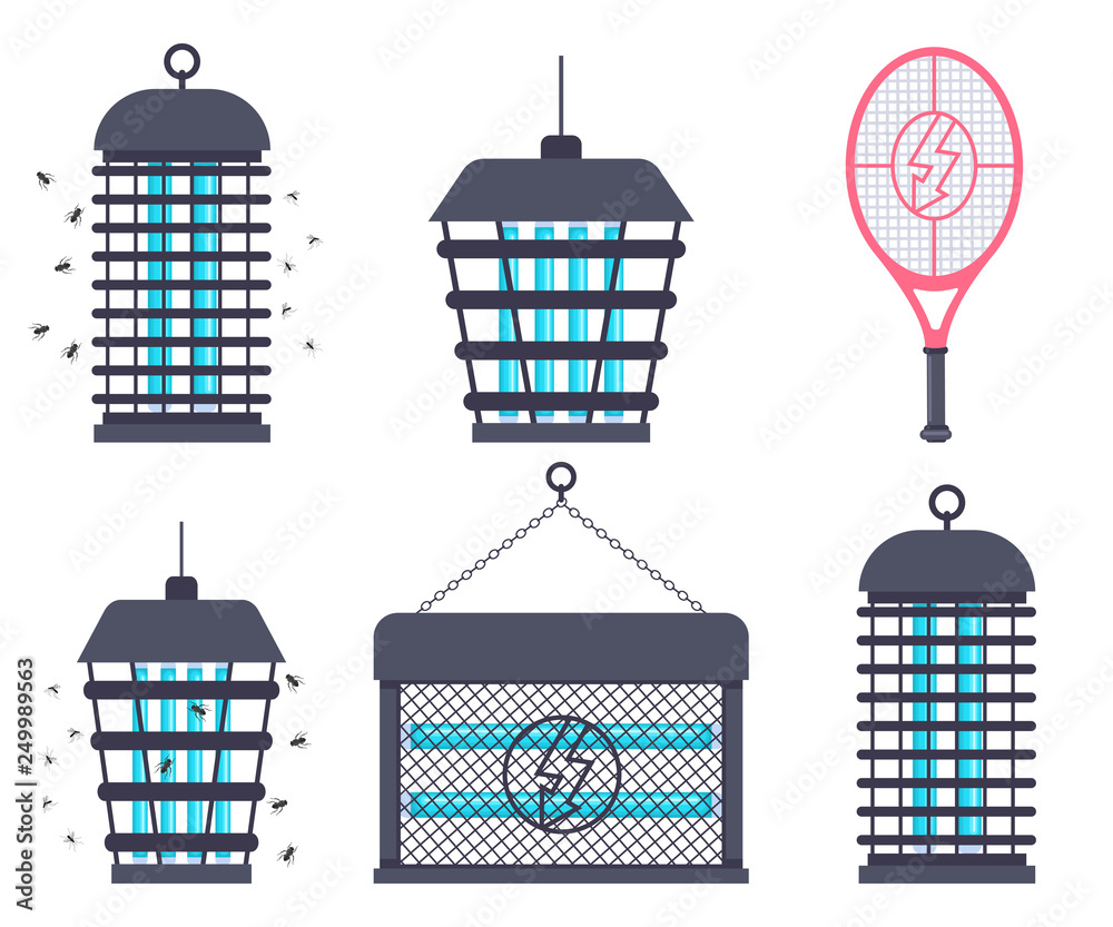 Electric bug zapper, fly swatter racket and mosquito trap vector ...