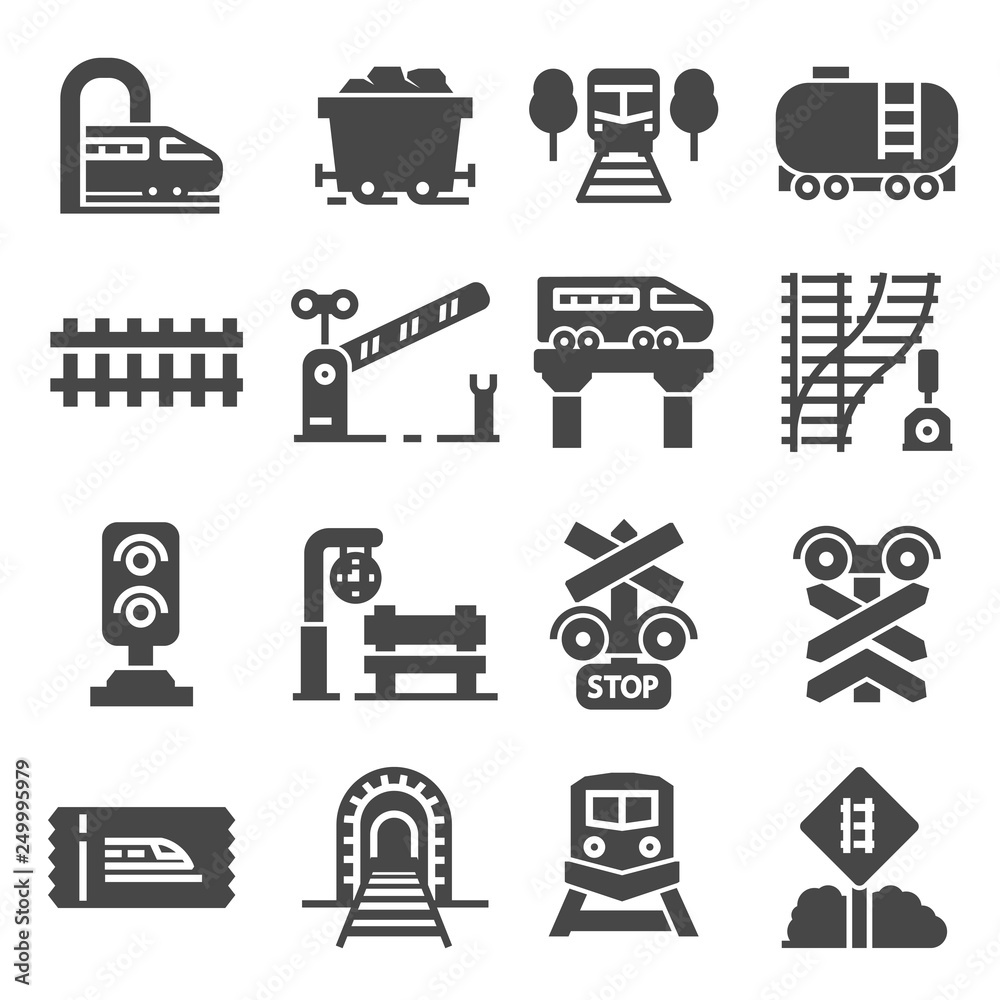 Train and railways icon set. intercity, international, freight trains ...
