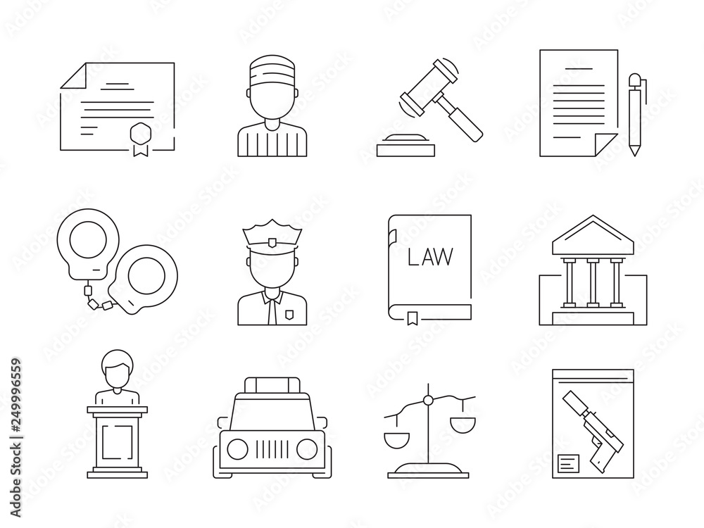 Law thin icon. Legal lawyer criminal judgement sheriff and police ...