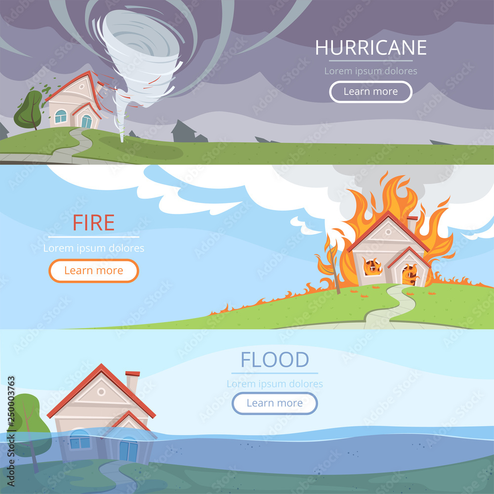 Disaster weather banners. Tsunami volcano wind storm rain house damage ...