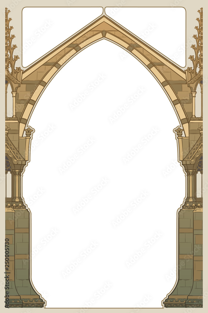 Medieval manuscript style rectangular frame. Gothic style pointed arch ...