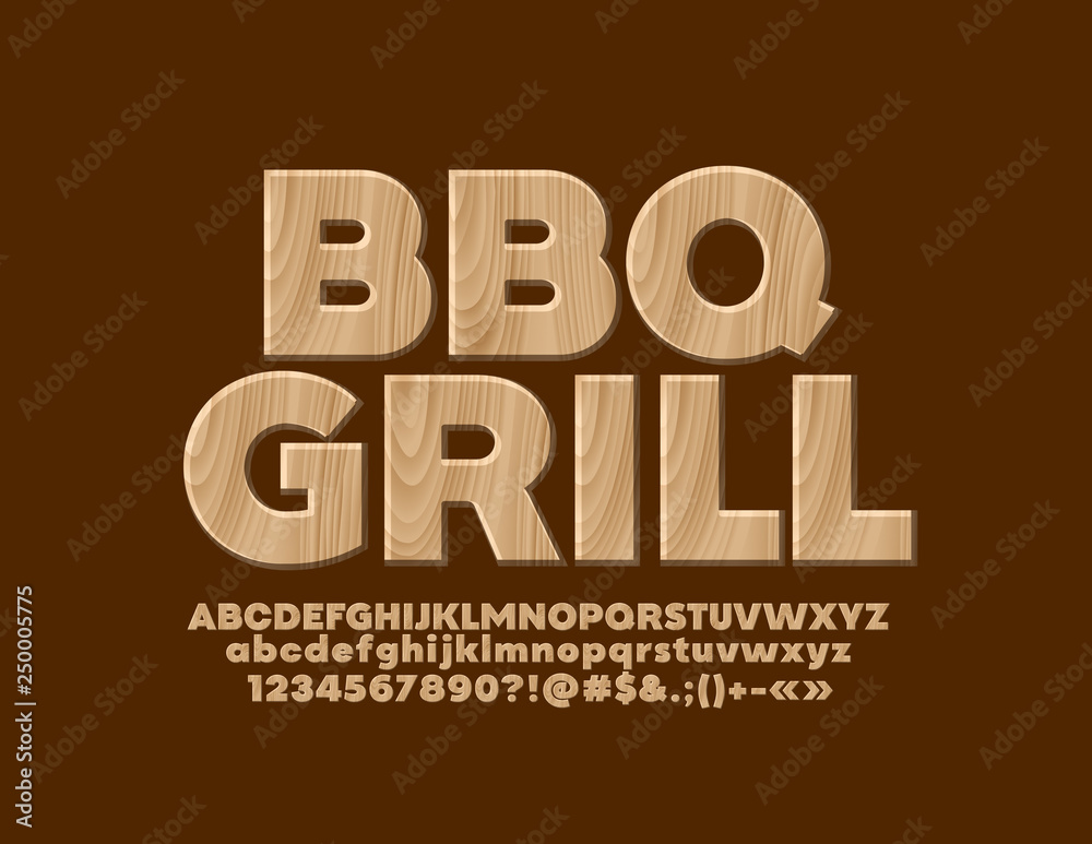 Vector eco banner BBQ Grill with Wooden Font. Tree textured Alphabet ...