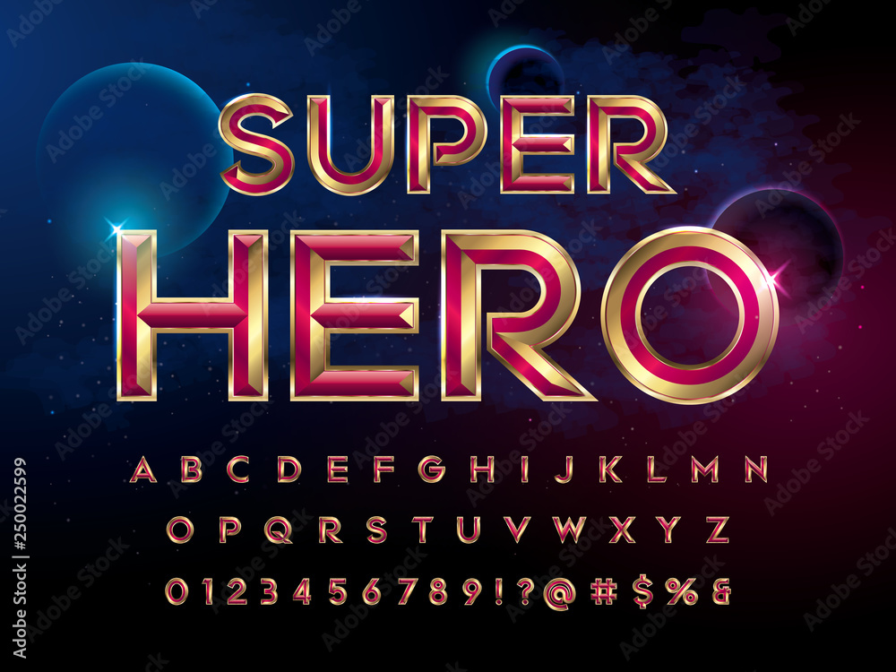 SuperHero font. Metallic effect letters and numbers on an universe ...