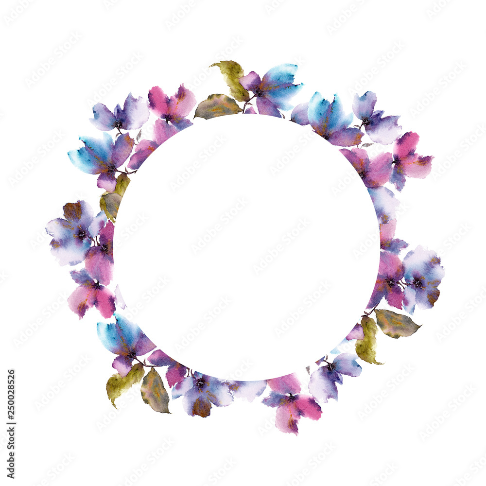 Round floral frame. Wedding invitation design with watercolor purple ...