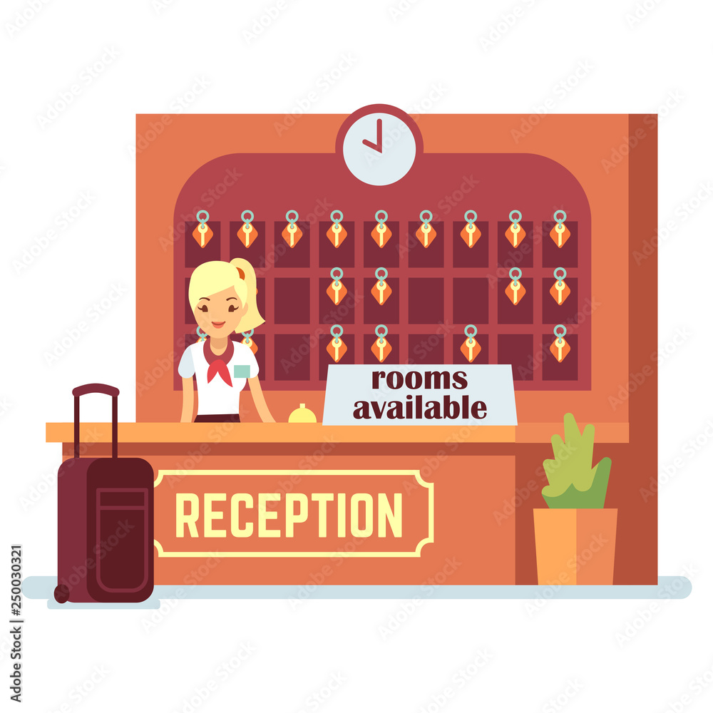 Rooms available vector illustration. Cartoon character girl and check ...
