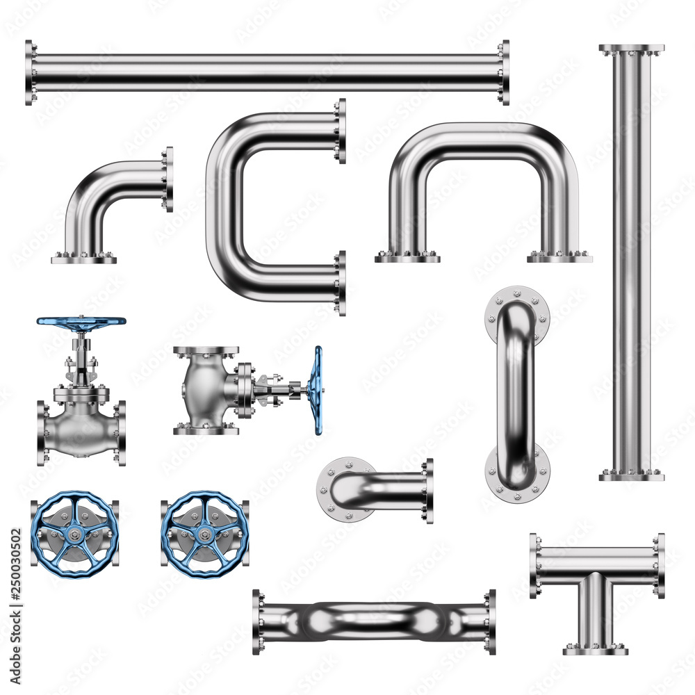 Industrial Pipes and Valves isolated on White Background. 3D ...