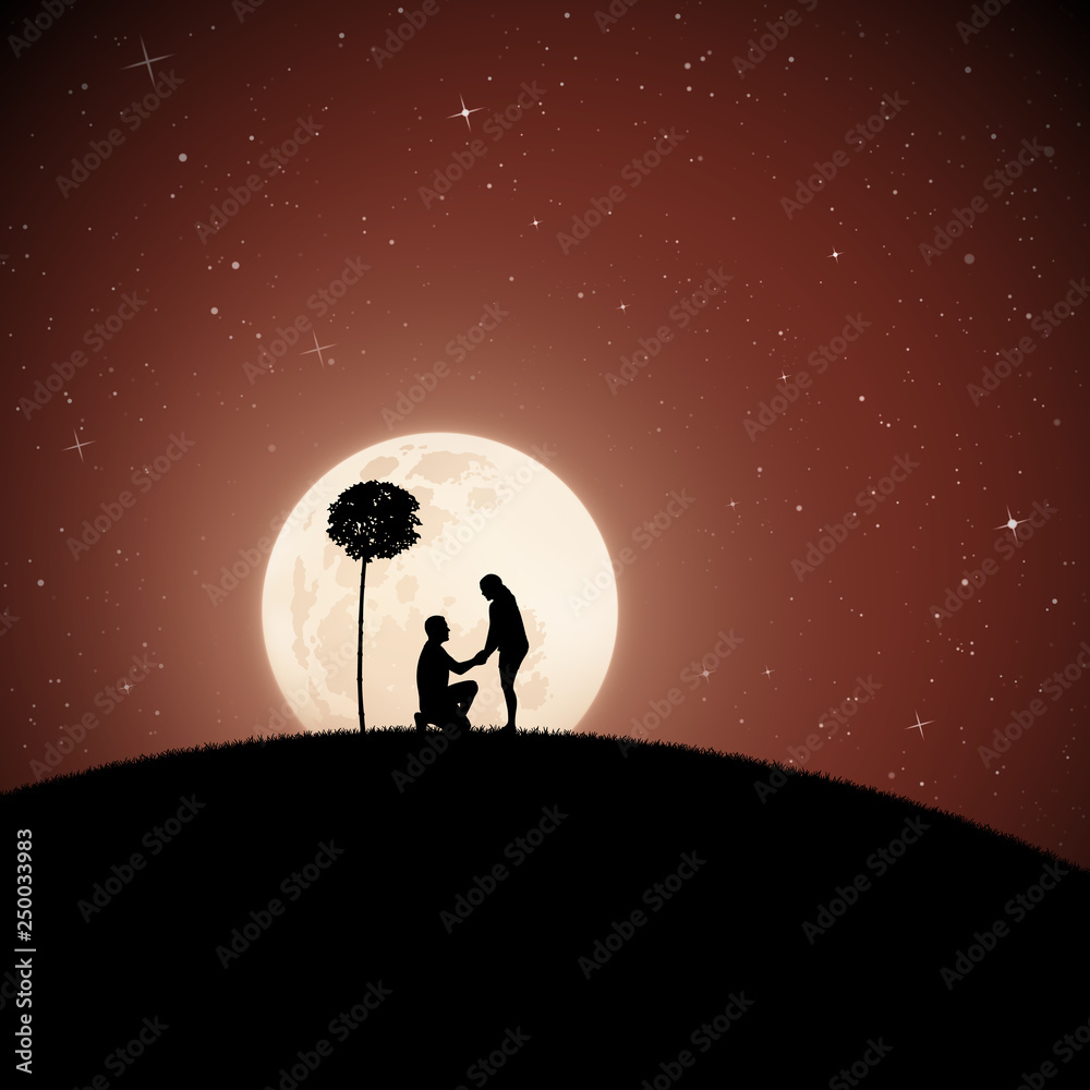 Lovers under tree on moonlit night. Romantic marriage proposal. Vector ...