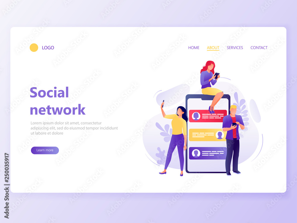 Landing web page template of social network. People sitting and ...