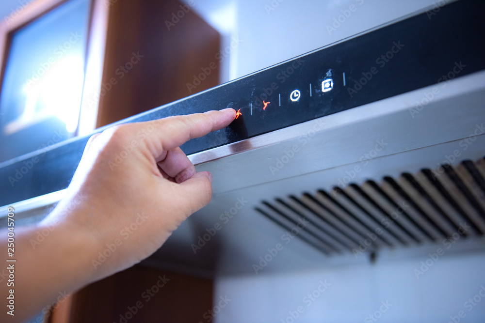 Finger push Buttons Controls of cooker hood in the kitchen Stock Photo ...