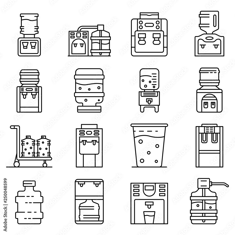 Cooler water icons set. Outline set of cooler water vector icons for ...
