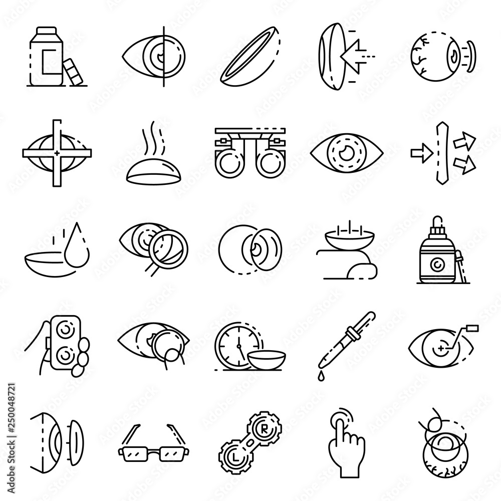 Contact lens icons set. Outline set of contact lens vector icons for ...