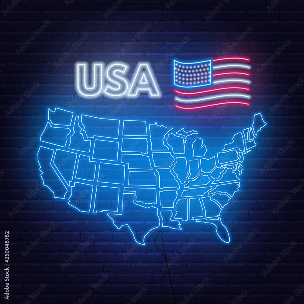 Neon map of the USA on black background. Vector illustration. Stock ...
