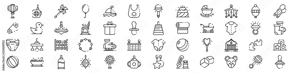 Baby items icons set. Outline set of baby items vector icons for web ...