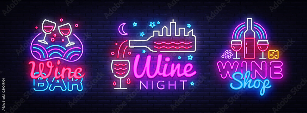 Wine neon signs set design template. Big Collection Wine neon logos ...