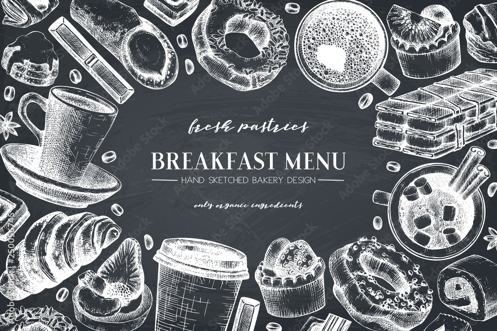 Breakfast menu design. Hand drawn coffee and pastries illustrations ...