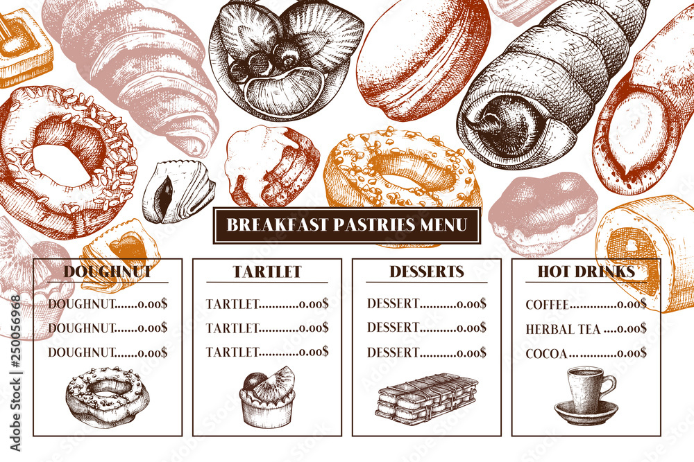 Breakfast menu design. Hand drawn desserts and pastries illustrations ...