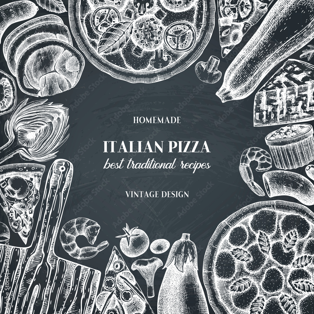 Vector round design with hand drawn pizza ingradients sketches. Vintage ...