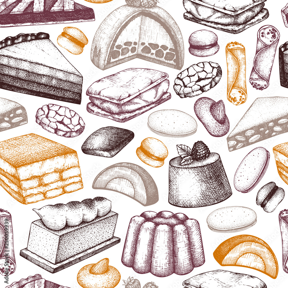 Italian desserts background. Vector cakes, cookies and pastries ...