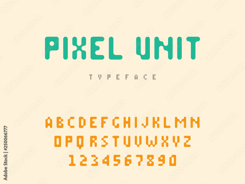 Vector pixel latin alphabet letters and numbers. Rounded pixel font ...