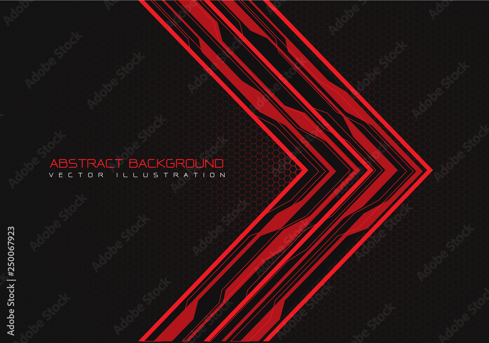 Abstract red circuit arrow direction with hexagon mesh on black design ...