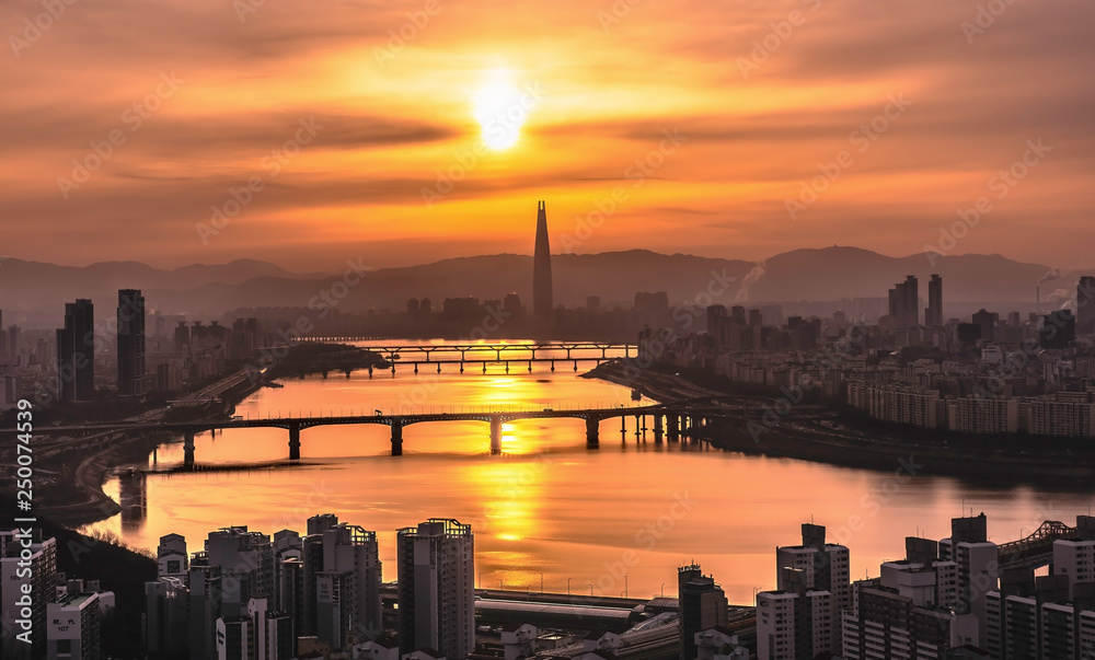 Sunrise of Seoul City and Lotte Tower, South Korea. Time lapse 4k 스톡 사진 ...