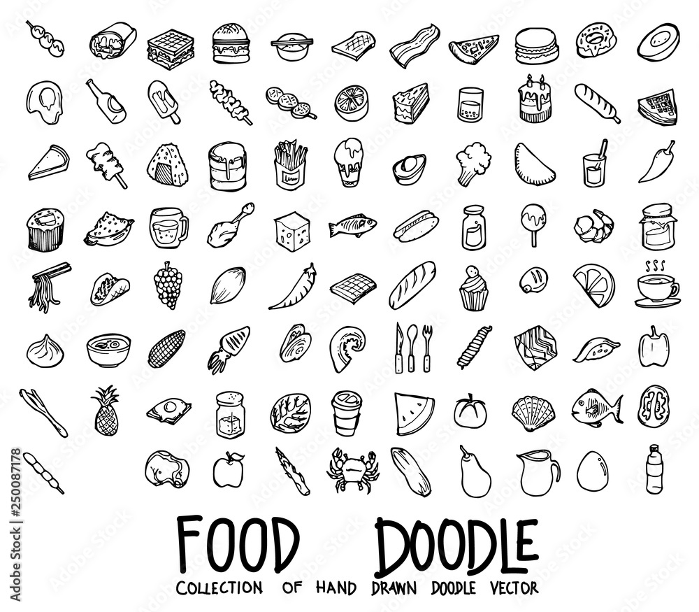 Poster Set of food icons Drawing illustration Hand drawn doodle Sketch ...