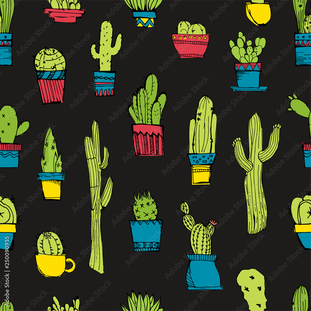 Vector hand drawn seamless pattern with different cactus. Bright ...