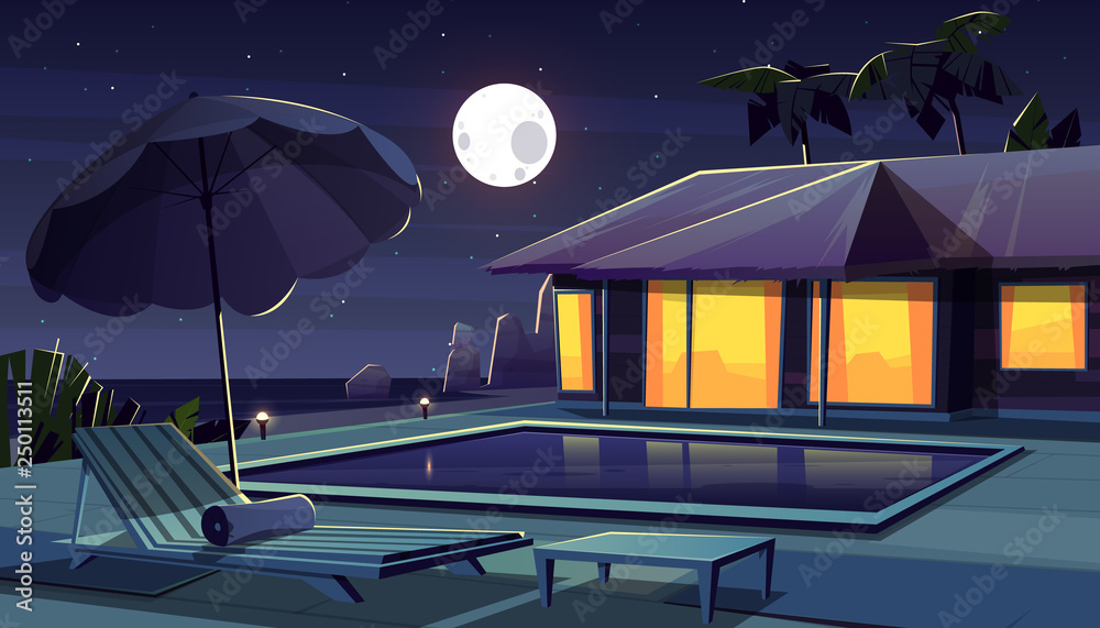 Vector cartoon background with hotel at night. Living apartment of ...