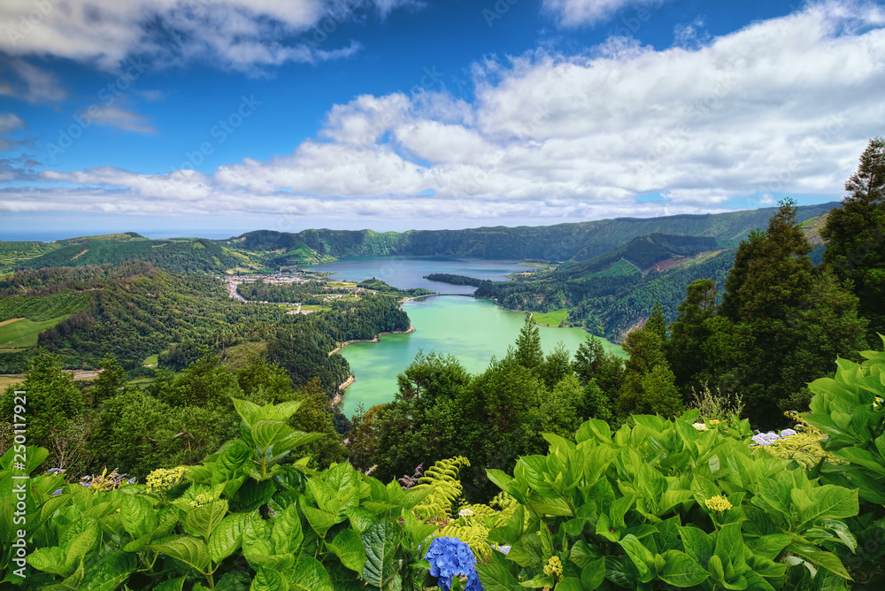 Lagoa Verde and Lagoa Azul, two connected lakes in wide volcanic ...