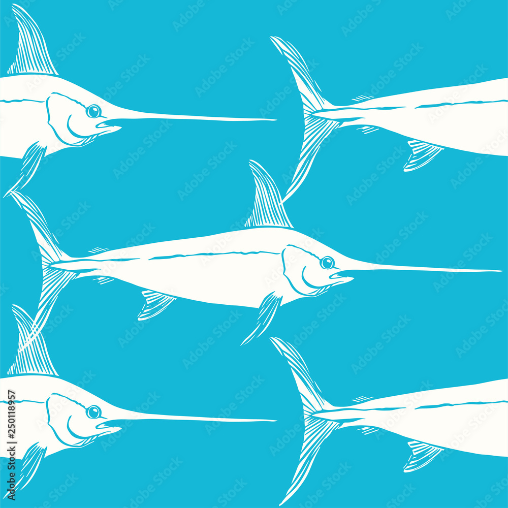 Vector pattern with hand drawn Swordfish, Xiphias gladius. Advertising ...