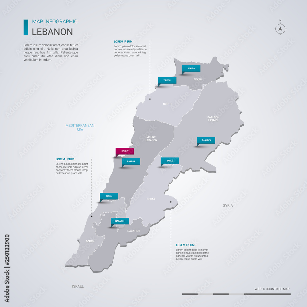Lebanon vector map with infographic elements, pointer marks. Stock ...