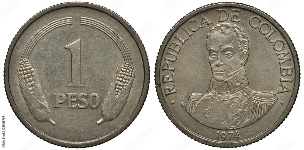 Colombia Colombian coin 1 one peso 1974, denomination flanked by ears ...