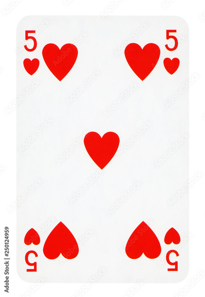 Five of Hearts playing card - isolated on white (clipping path included ...