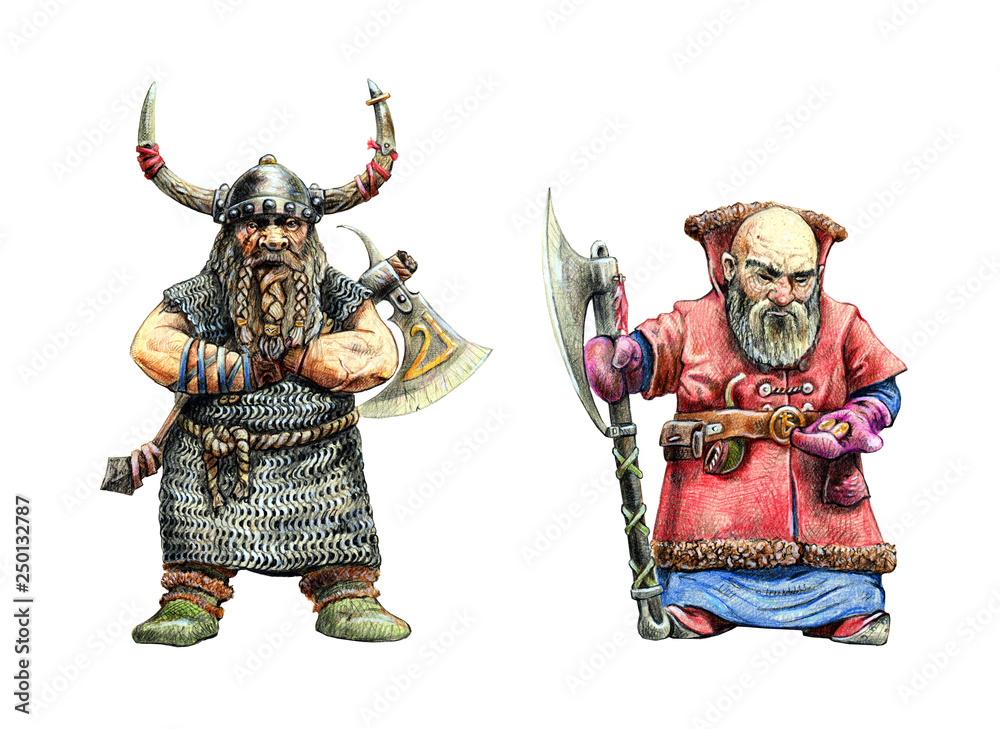 Dwarves warriors drawing. Pencil fantasy illustration. Dwarf with ax ...