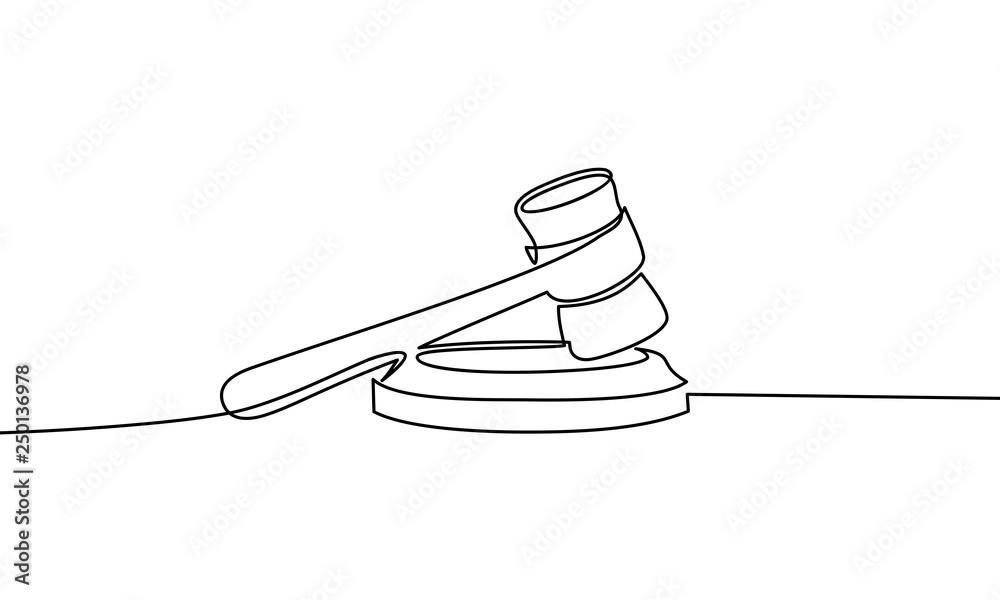 Continuous line drawing of hammer judge on Black and white background ...