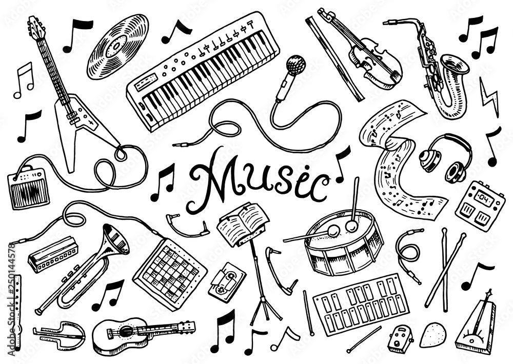 Set of musical symbols and icons. Guitar Drums Piano, creative tools ...