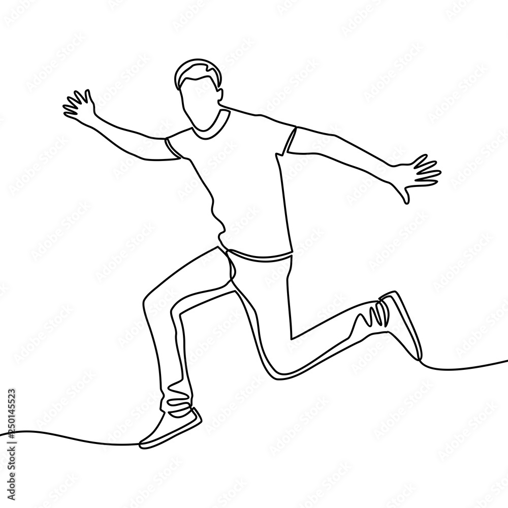 Continuous line drawing of man happy jumping in air. Vector Stock ...