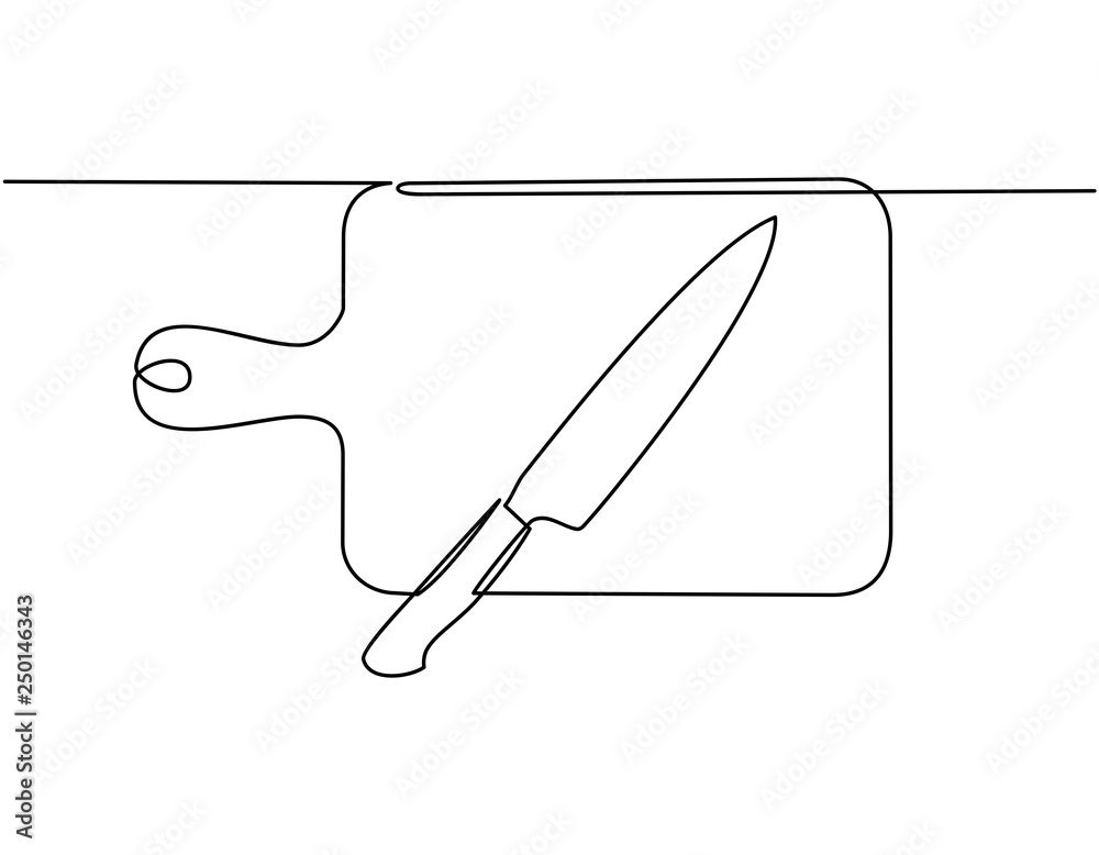 Continuous one line drawing. Fork, spoons, knife plates and all eating ...